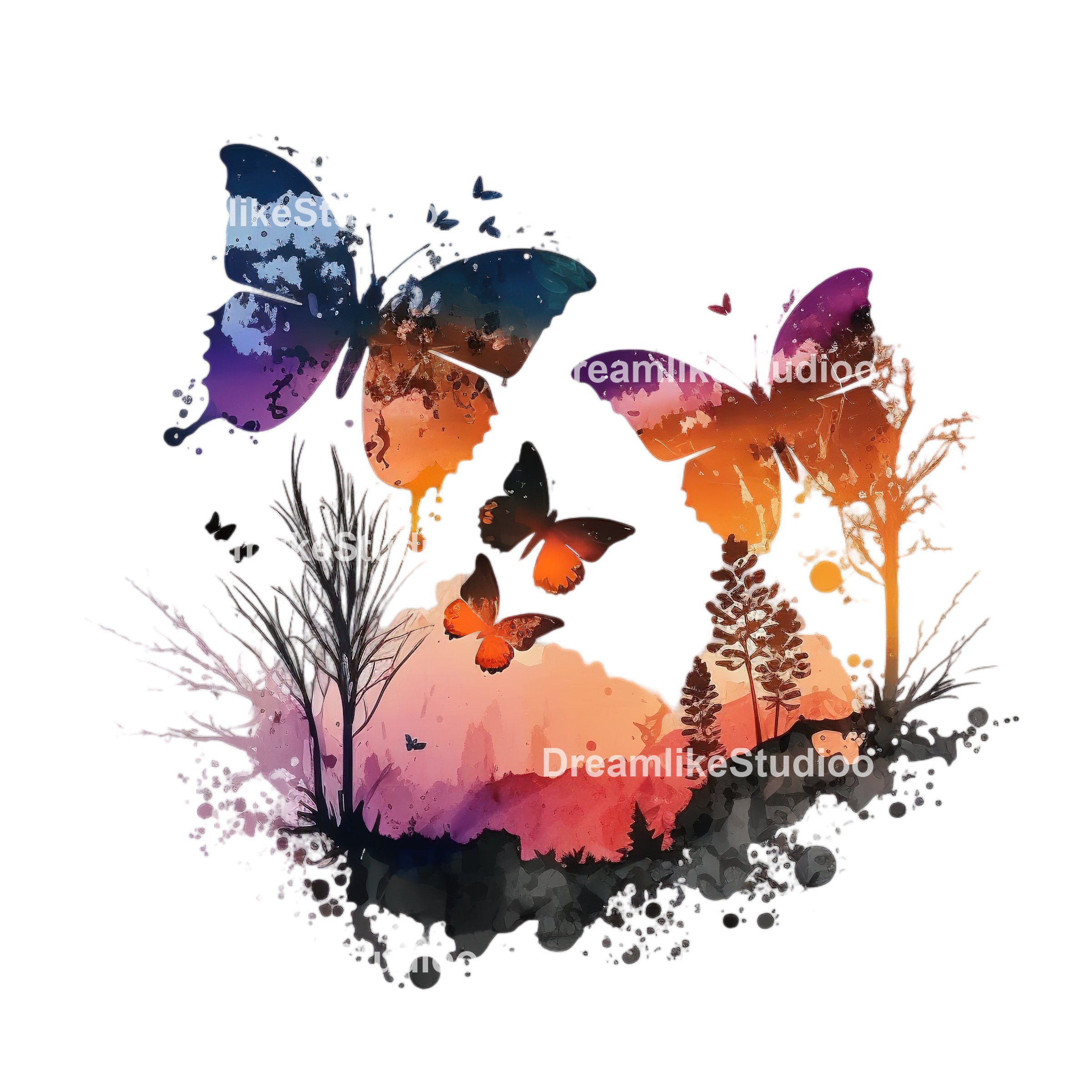 Watercolor Sunset Butterflies Clipart, Commercial Use Clipart, Colorful ...
