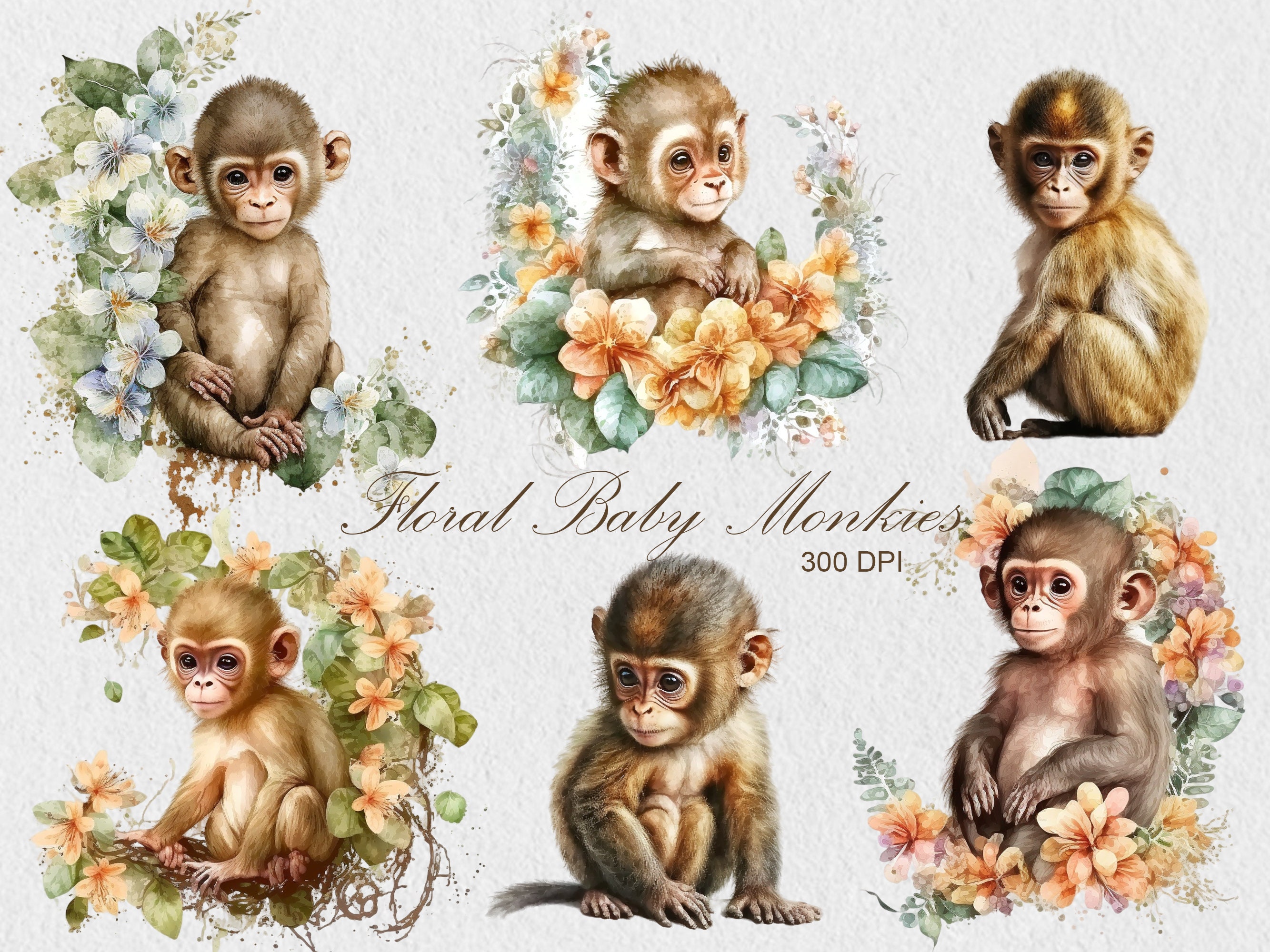 Watercolor Baby Monkey Clipart, Commercial Use Floral Monkey PNG ...