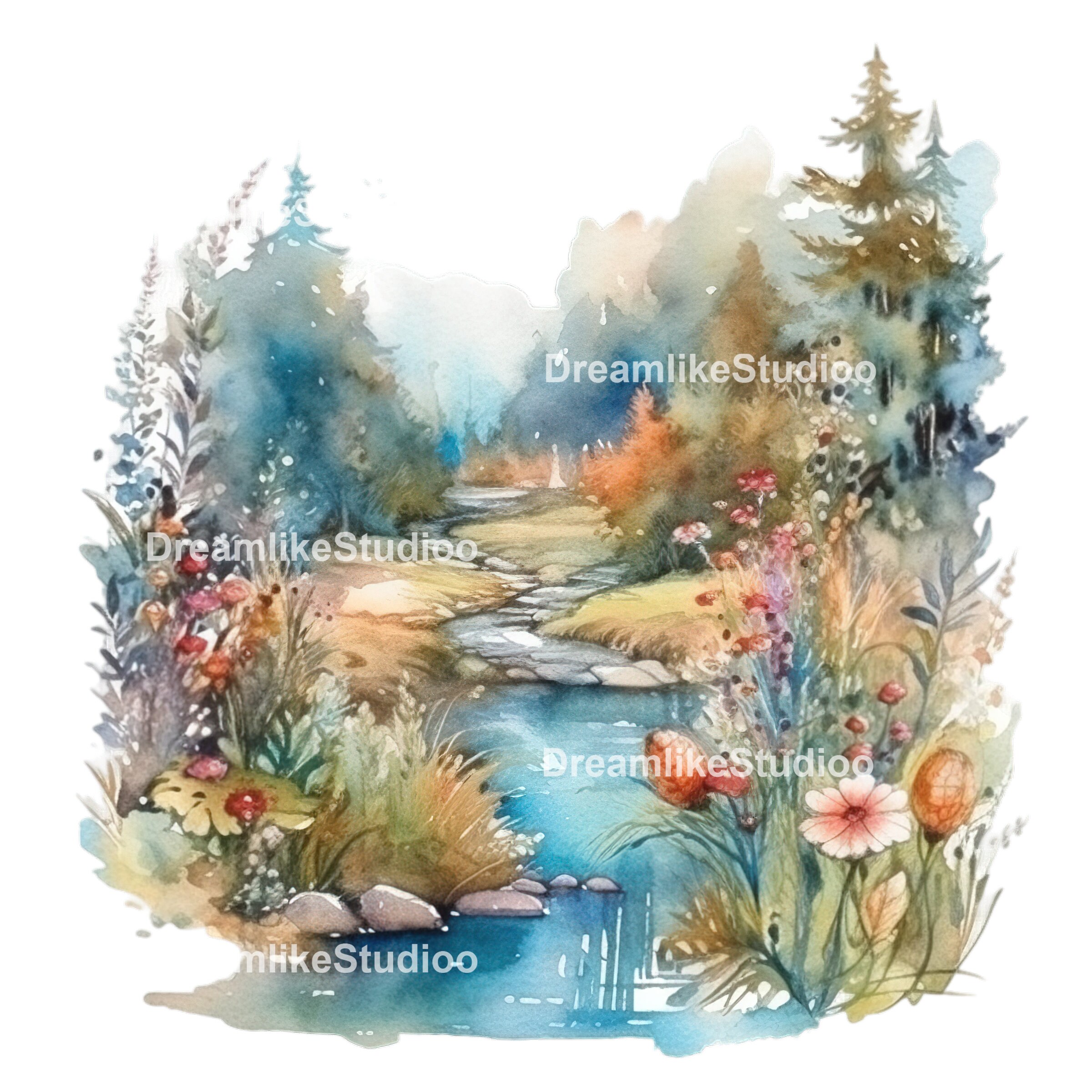 Watercolor Stream Clipart, River With Flower Banks, Commercial Use ...