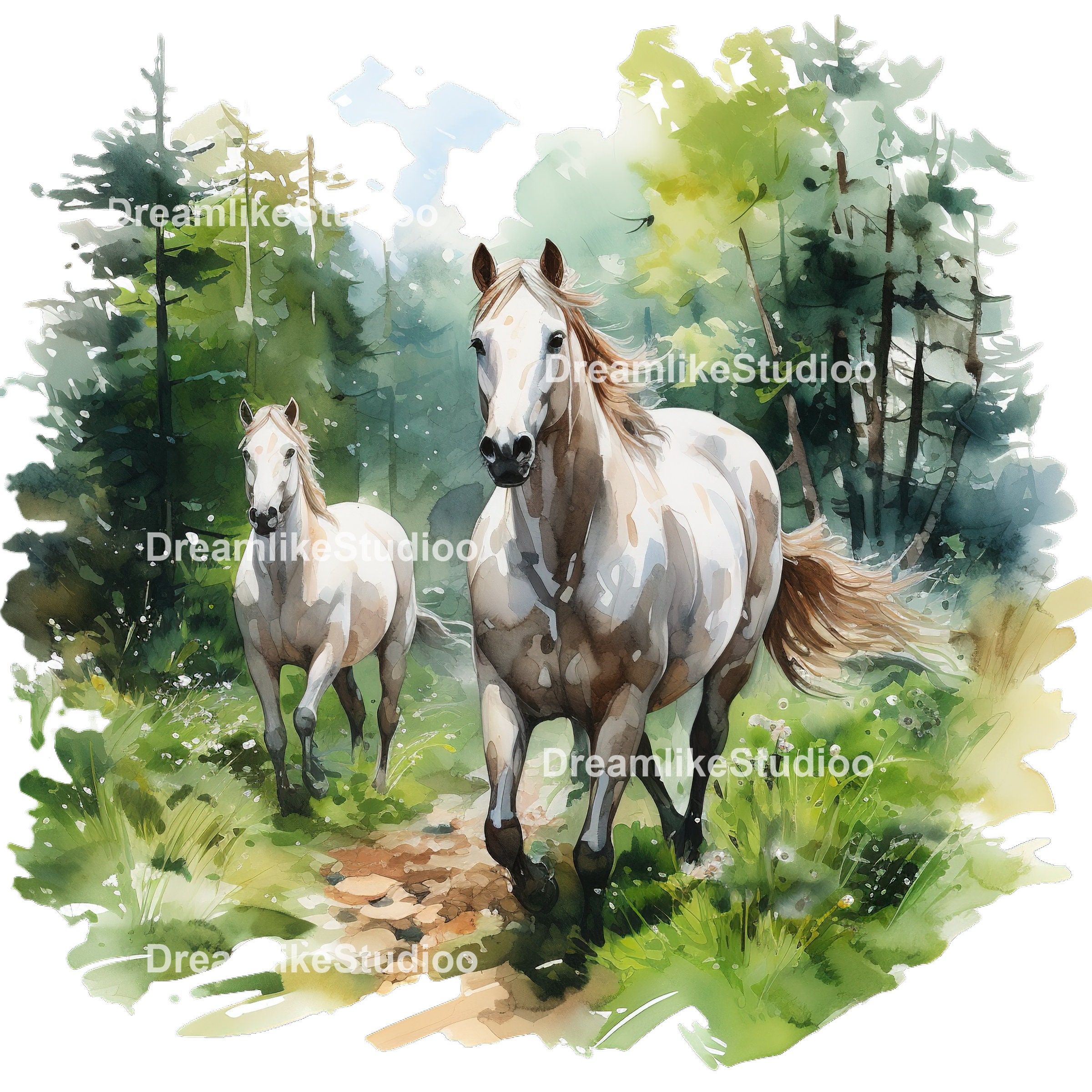 Watercolor Horse Clipart, Wild Horses in the Forest Clipart Set ...