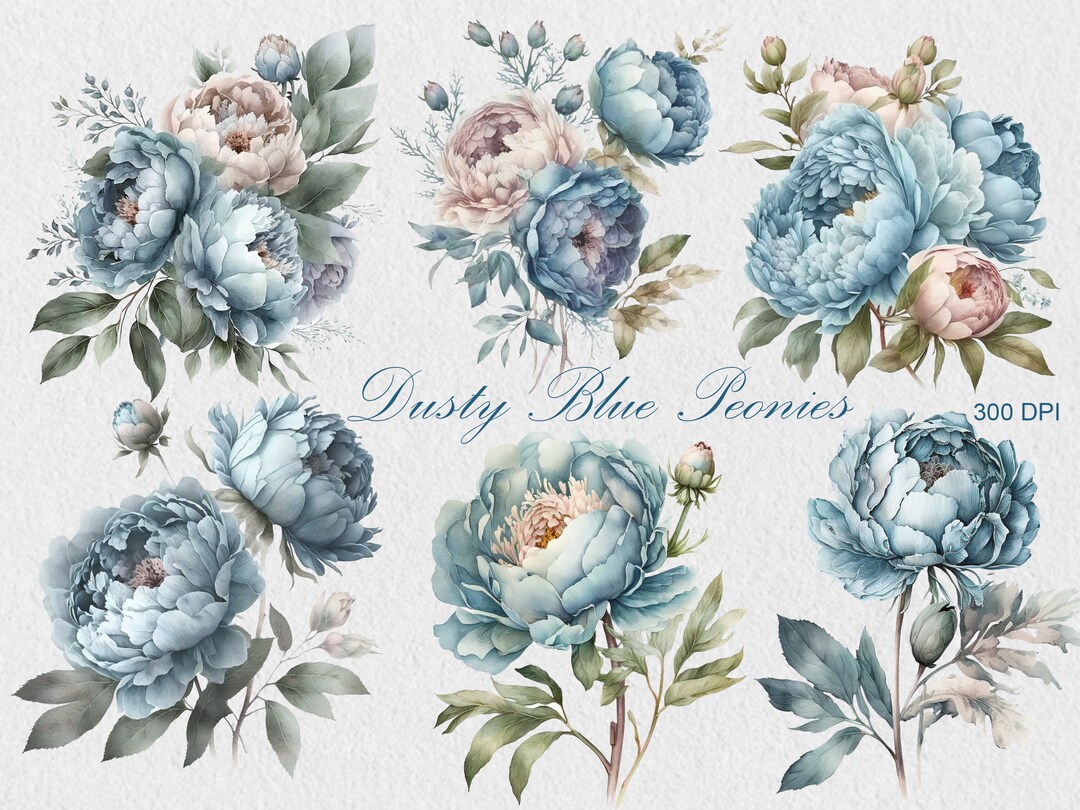 Watercolor Peony Clipart, Commercial Use Clipart, Blue Flower Clipart ...