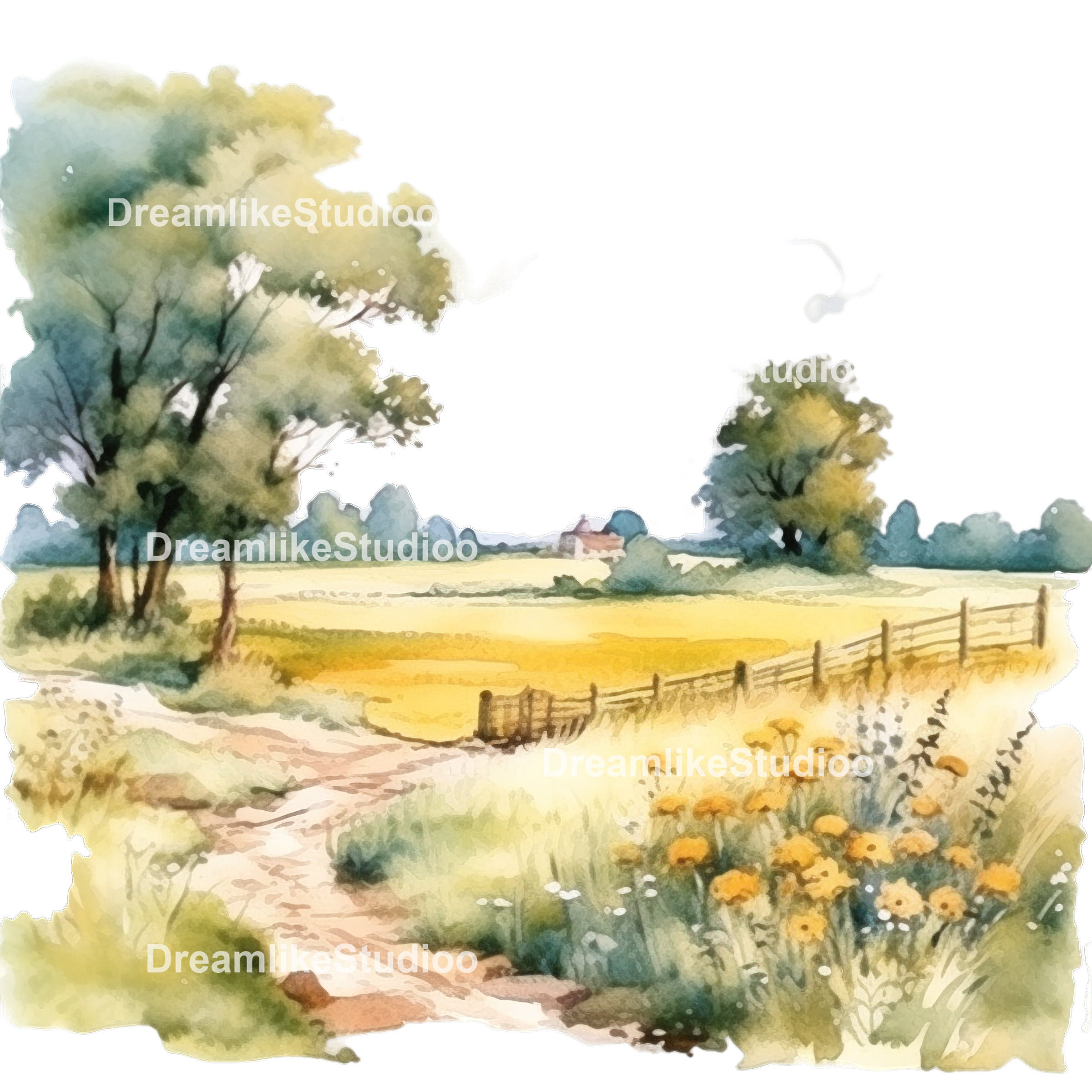 Summer Scenery Clipart, Commercial Use Watercolor Landscape Clipart ...