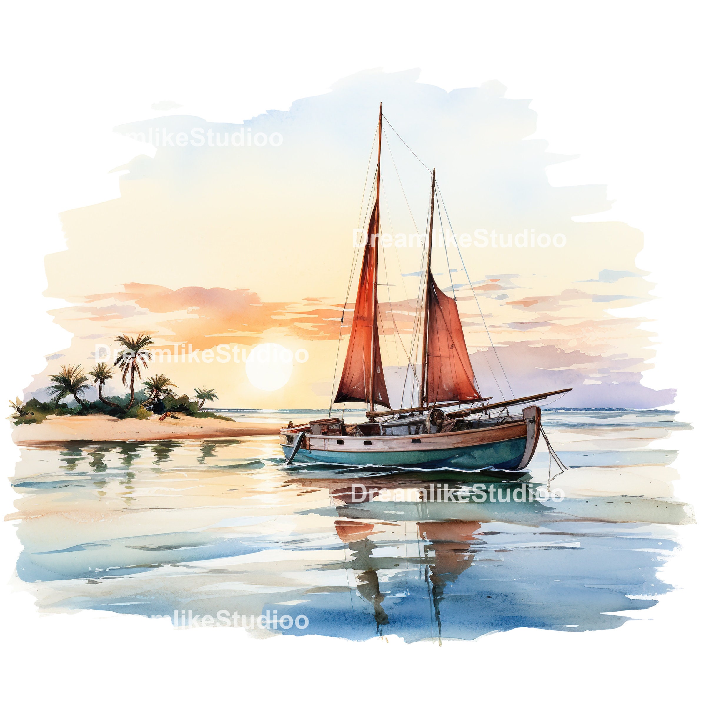 Watercolor Yacht Clipart, Commercial Use Sailing Scene Clipart ...