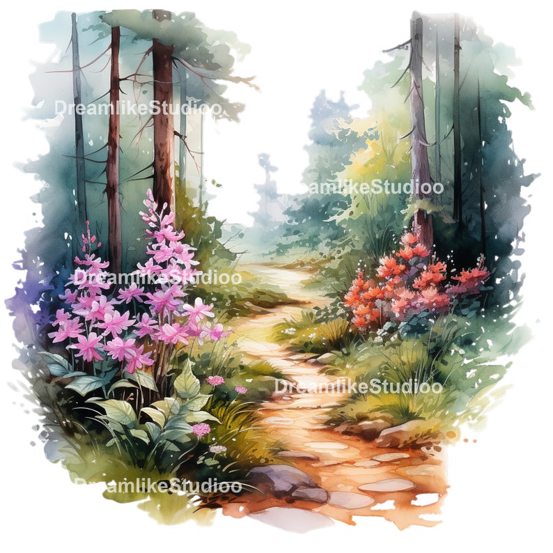 Watercolor Forest Path Clipart, Commercial Use Flowers Path in the ...