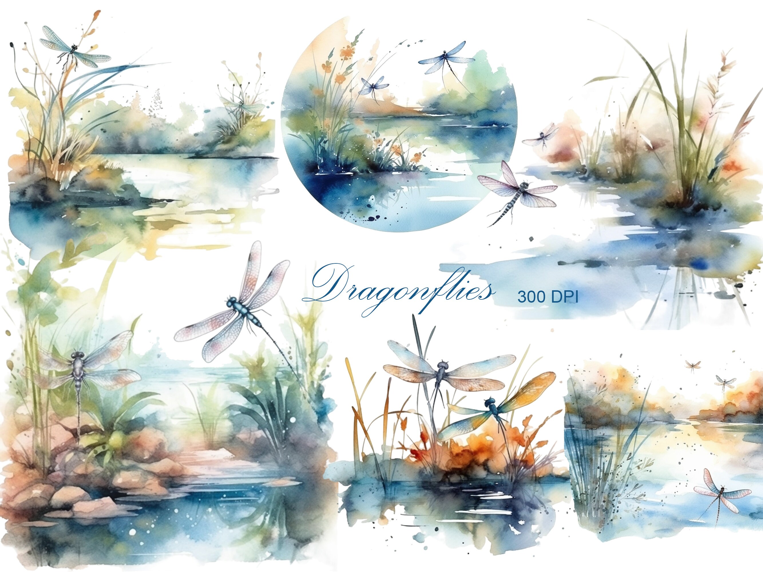 Watercolor Dragonfly Clipart, Commercial Use Clipart, Dragonflies Scene ...