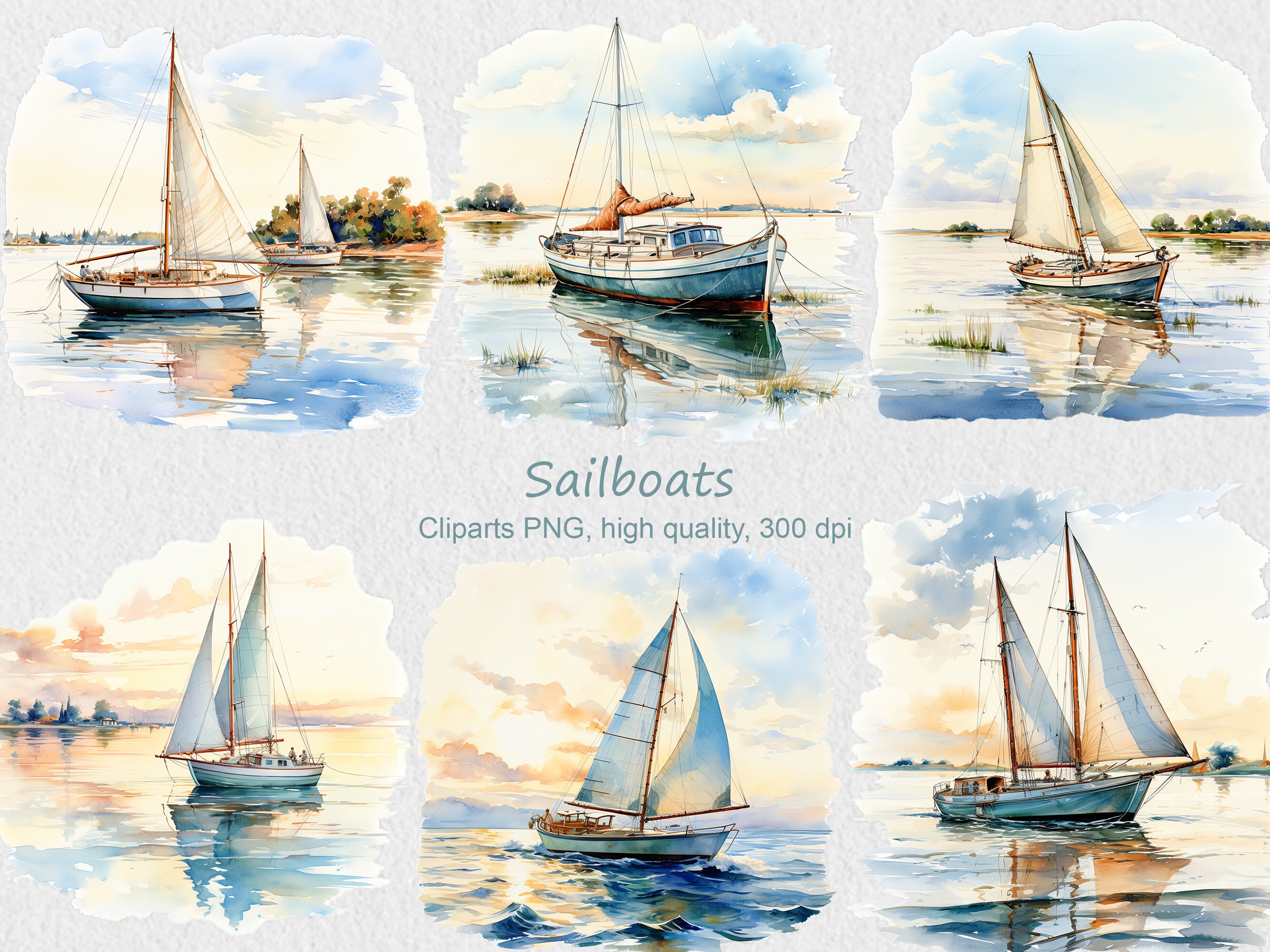 Watercolor Sailboat Clipart, Commercial Use Sailing Scene Clipart ...