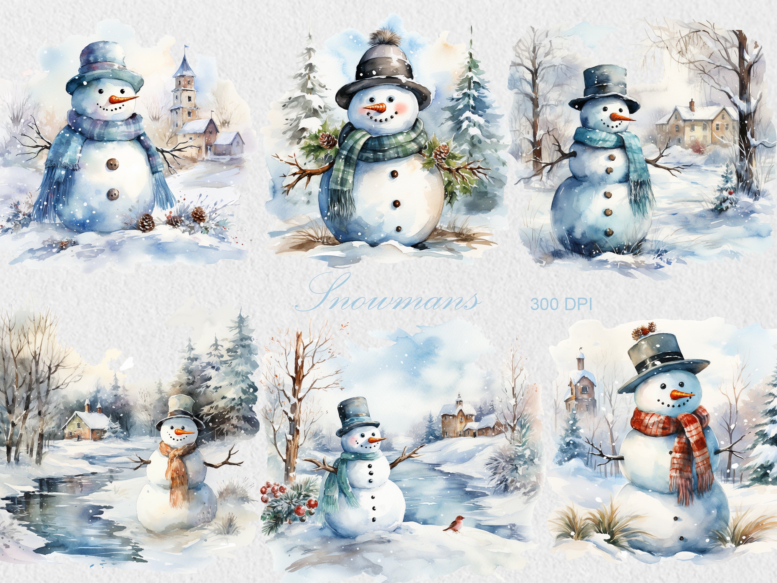 Watercolor Snowman Clipart Commercial Use Winter Landscape - Etsy