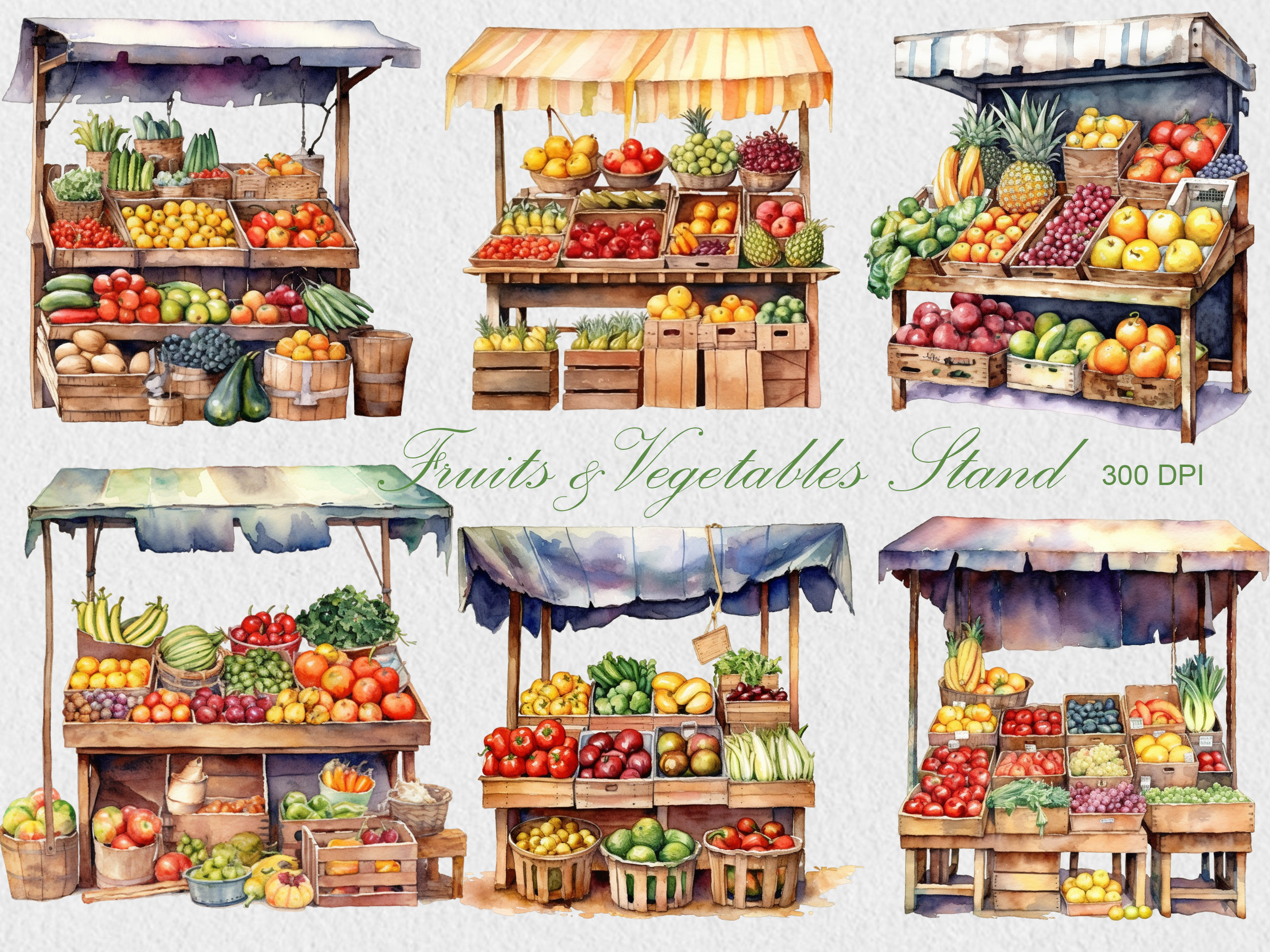 Watercolor Vegetable Stand Clipart, Fruits and Vegetables Commercial ...