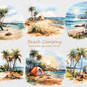 Watercolor Beach Camping Clipart, Commercial Use Beach Scene Clipart ...