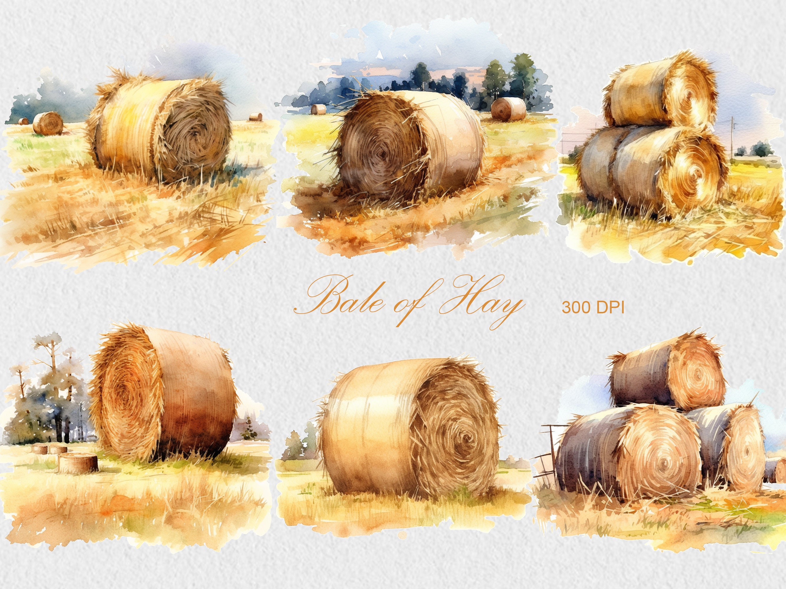 Watercolor Bale of Hay Clipart, Landscape Scenes PNG, Instant Download ...