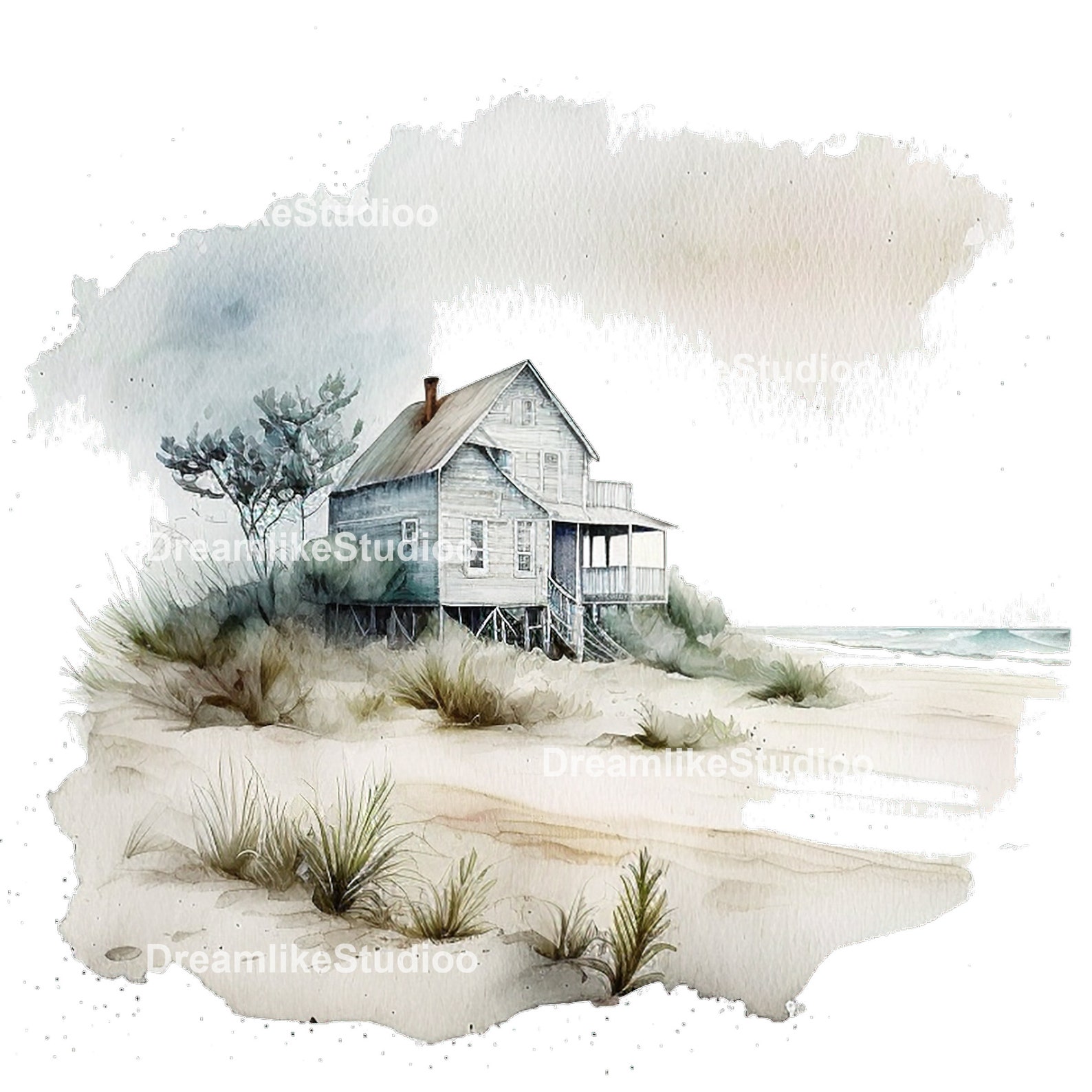 Watercolor Beach House Scenes, Commercial Use Clipart, Beach Clipart ...