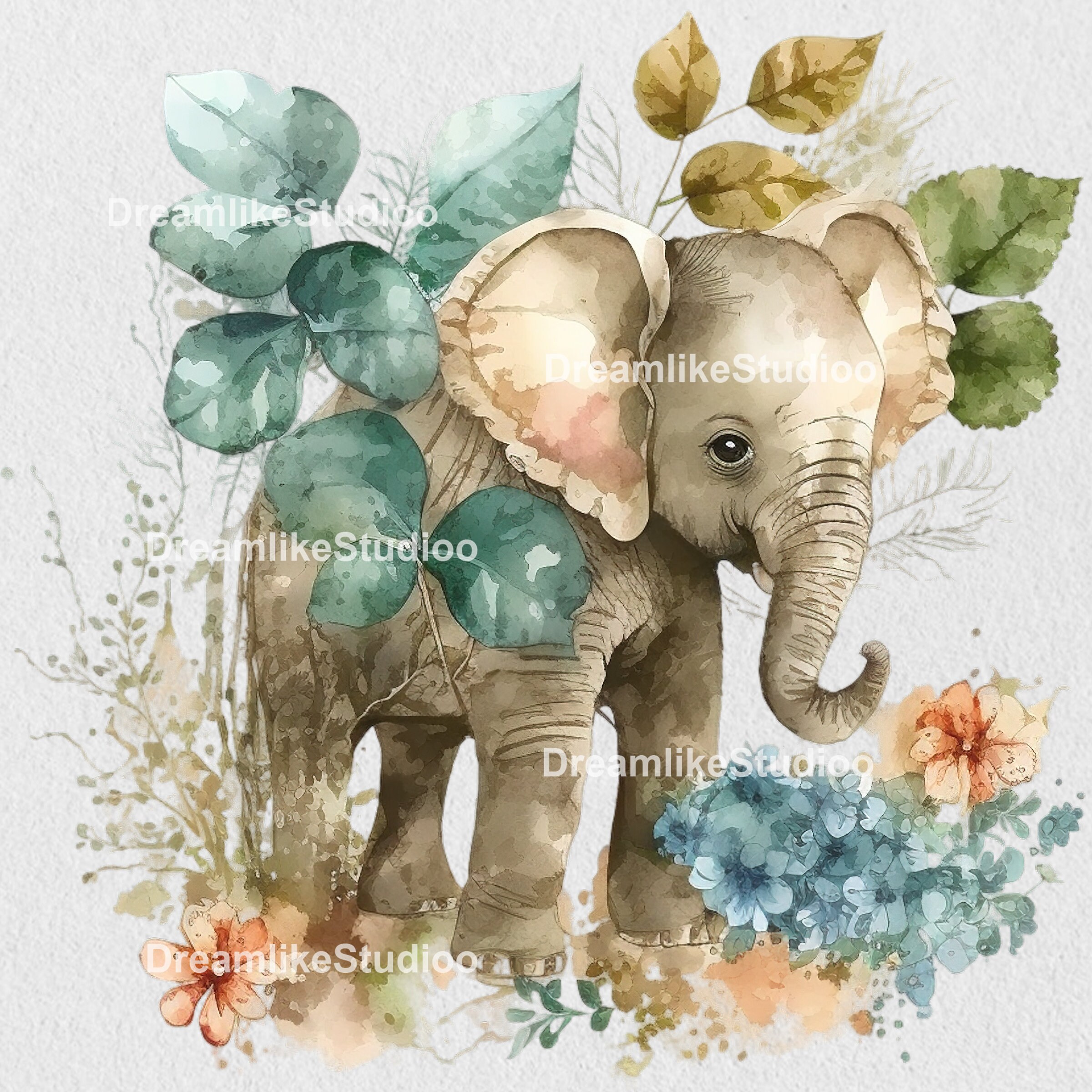 Watercolor Cute Baby Elephants Clipart, Commercial Use Jungle Animals ...