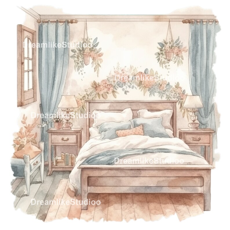 Watercolor Bedroom Cliparts, Commercial Use Clipart, Interior Clipart ...