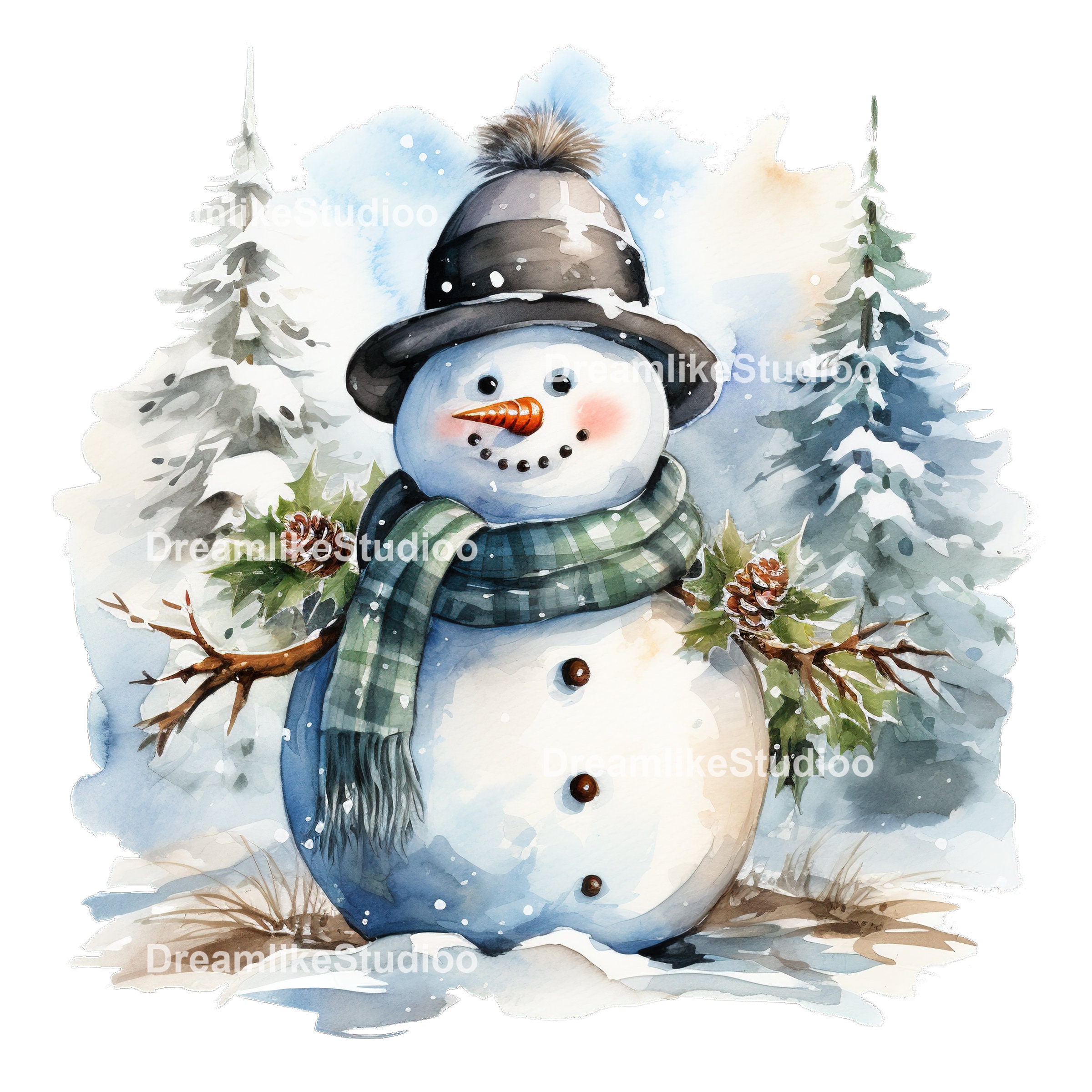 Watercolor Snowman Clipart Commercial Use Winter Landscape - Etsy