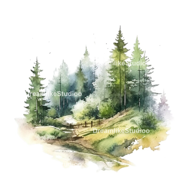 Watercolor Forest Clipart, Commercial Use Foggy Forest PNG, Coniferous ...
