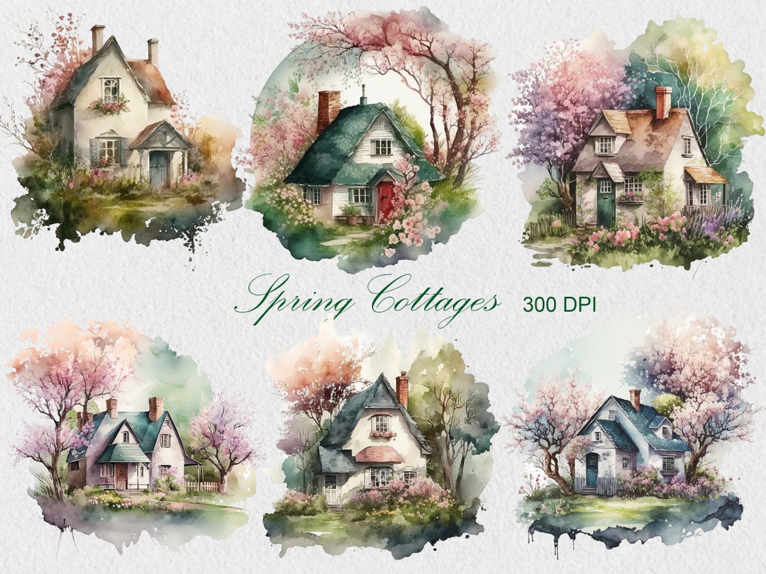 Watercolor Spring Cottages PNG, Commercial Use Clipart, Scrapbooking ...