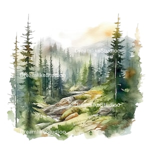 Watercolor Forest Clipart, Commercial Use Foggy Forest PNG, Coniferous ...