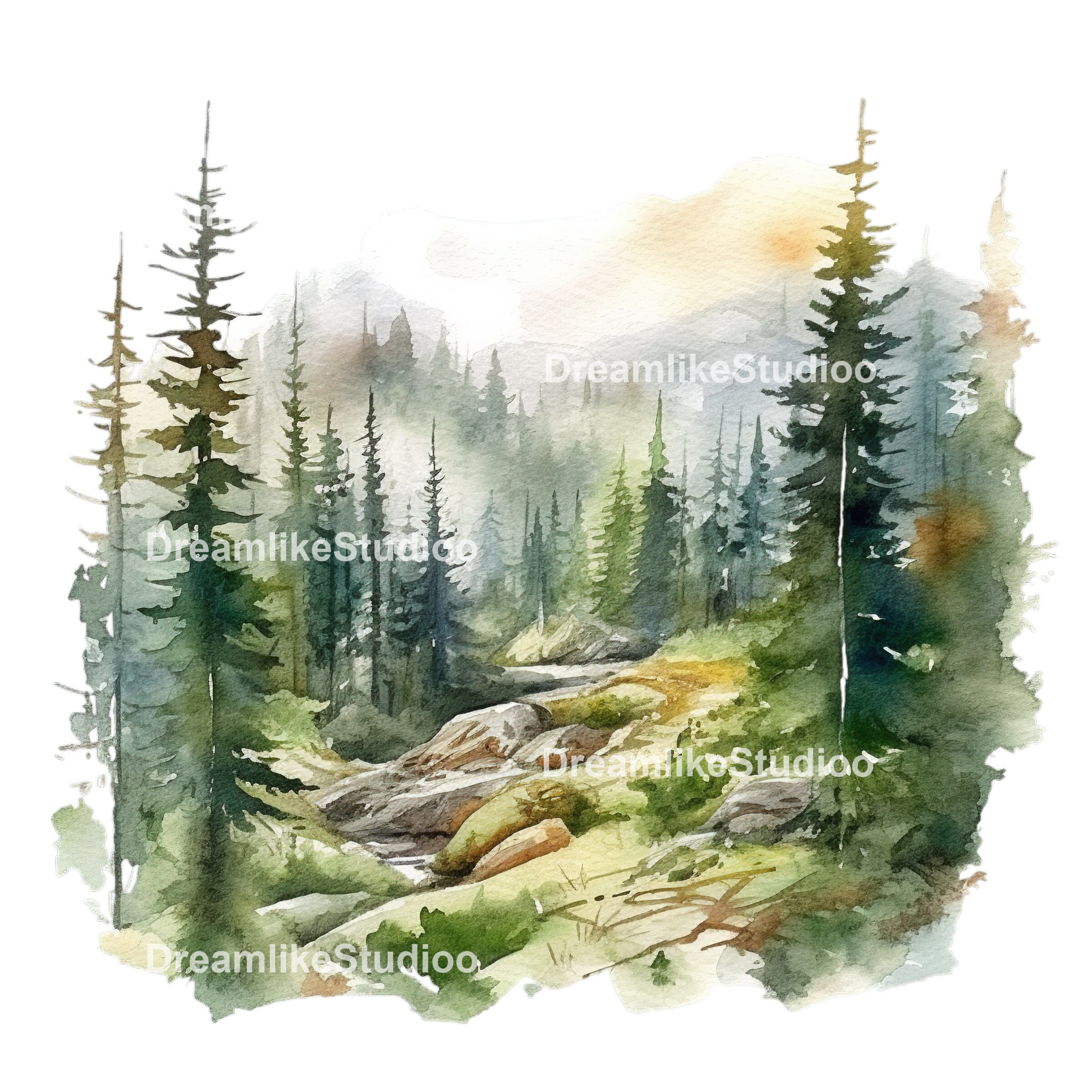 Watercolor Forest Clipart, Commercial Use Foggy Forest PNG, Coniferous ...