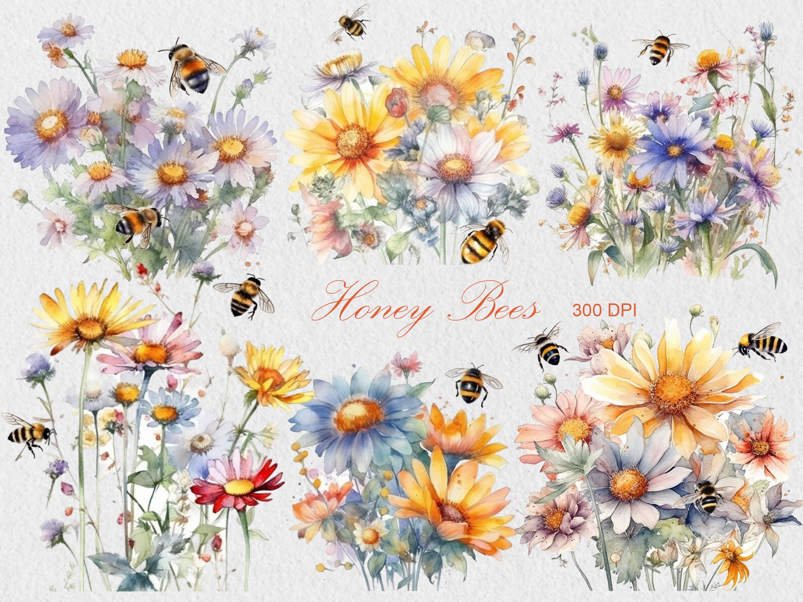 Bee Clipart PNG Watercolor Honey Bee and Summer Flowers Commercial Use ...