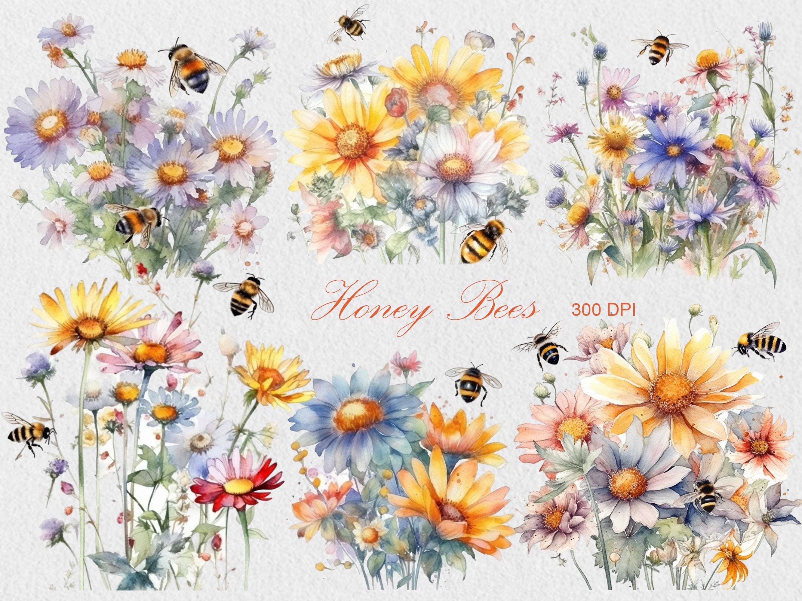 Bee Clipart PNG Watercolor Honey Bee and Summer Flowers Commercial Use ...