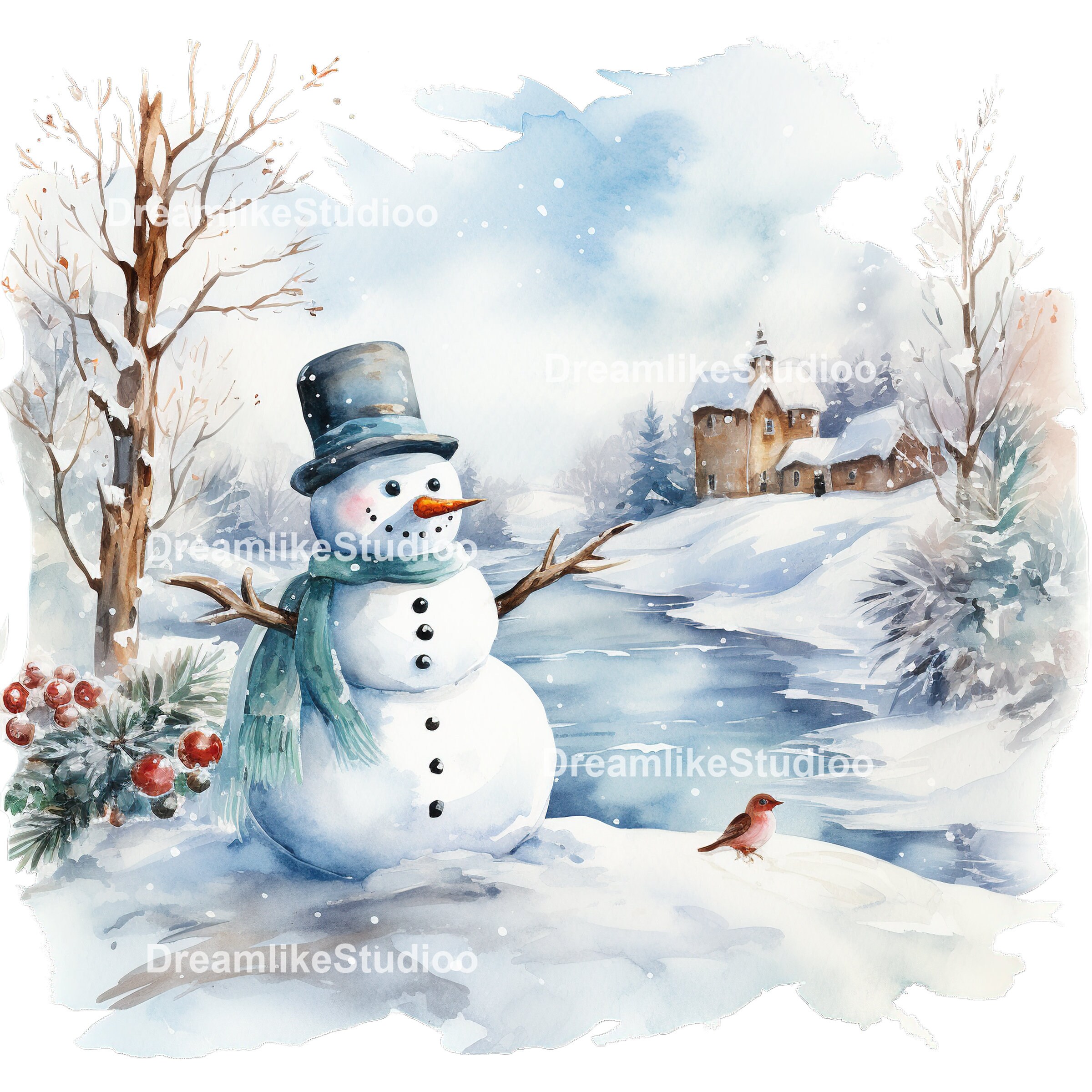 Watercolor Snowman Clipart Commercial Use Winter Landscape - Etsy