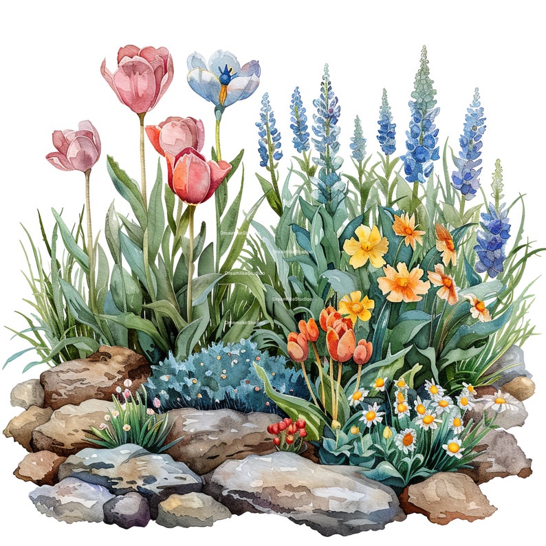 Garden Flowers Clipart, Watercolor Flowers PNG, Commercial Use Clipart ...