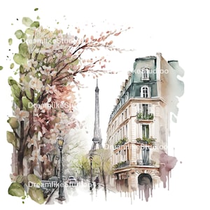 Watercolor Paris in Spring Clipart, Cute Watercolor Paris Scenes PNG ...
