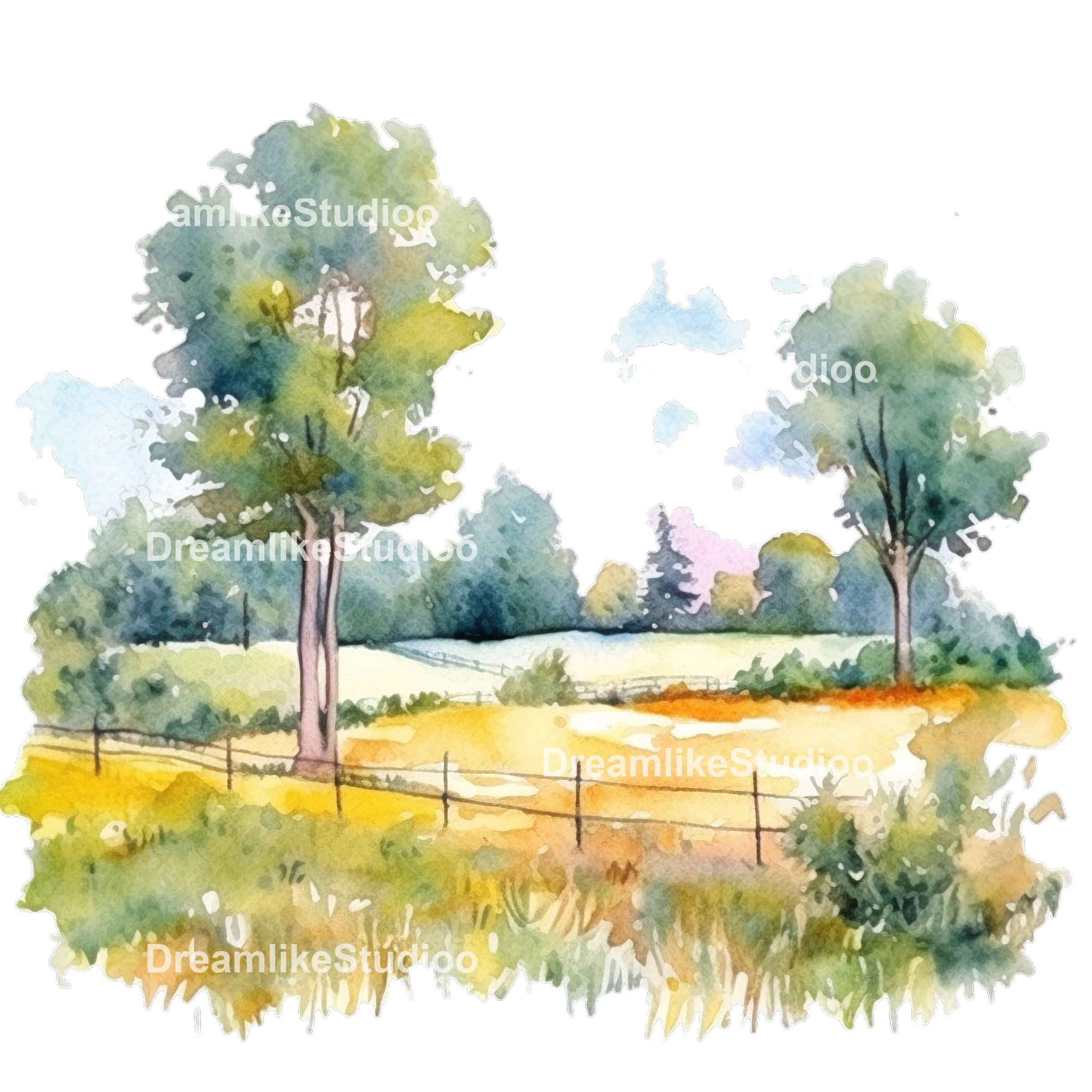 Summer Scenery Clipart, Commercial Use Watercolor Landscape Clipart ...