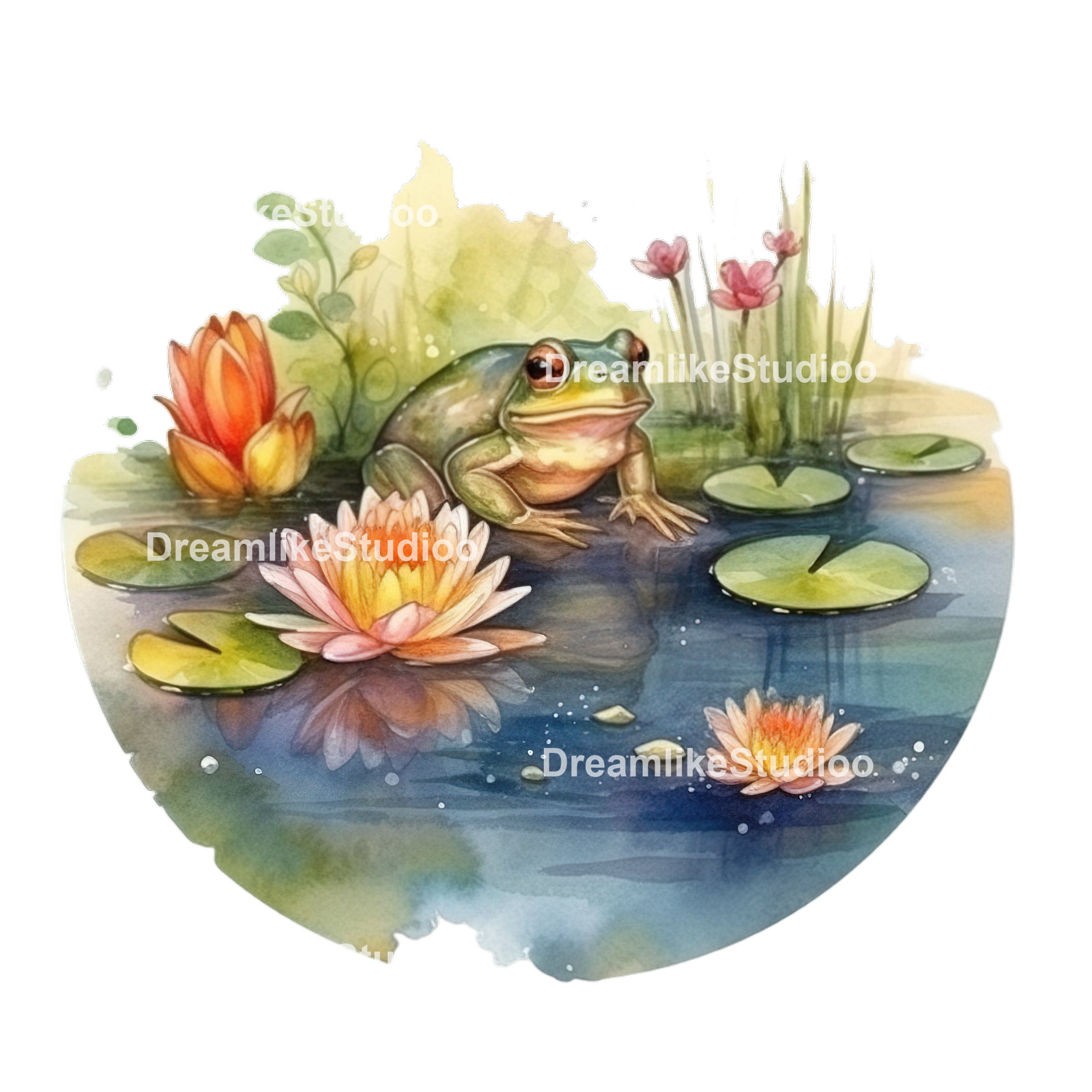 Watercolor Lily Pond Clipart, Waterlilies and Frog PNG, Instant ...