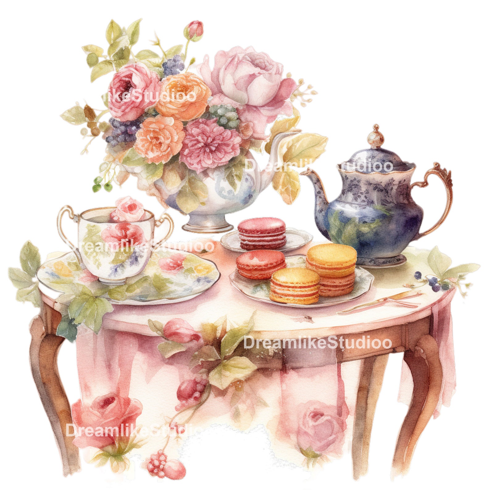 Watercolor Garden Tea Party Scenes, PNG, Commercial Clipart, Tea Time ...