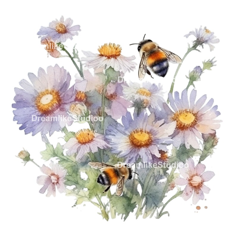Bee Clipart PNG Watercolor Honey Bee and Summer Flowers Commercial Use ...