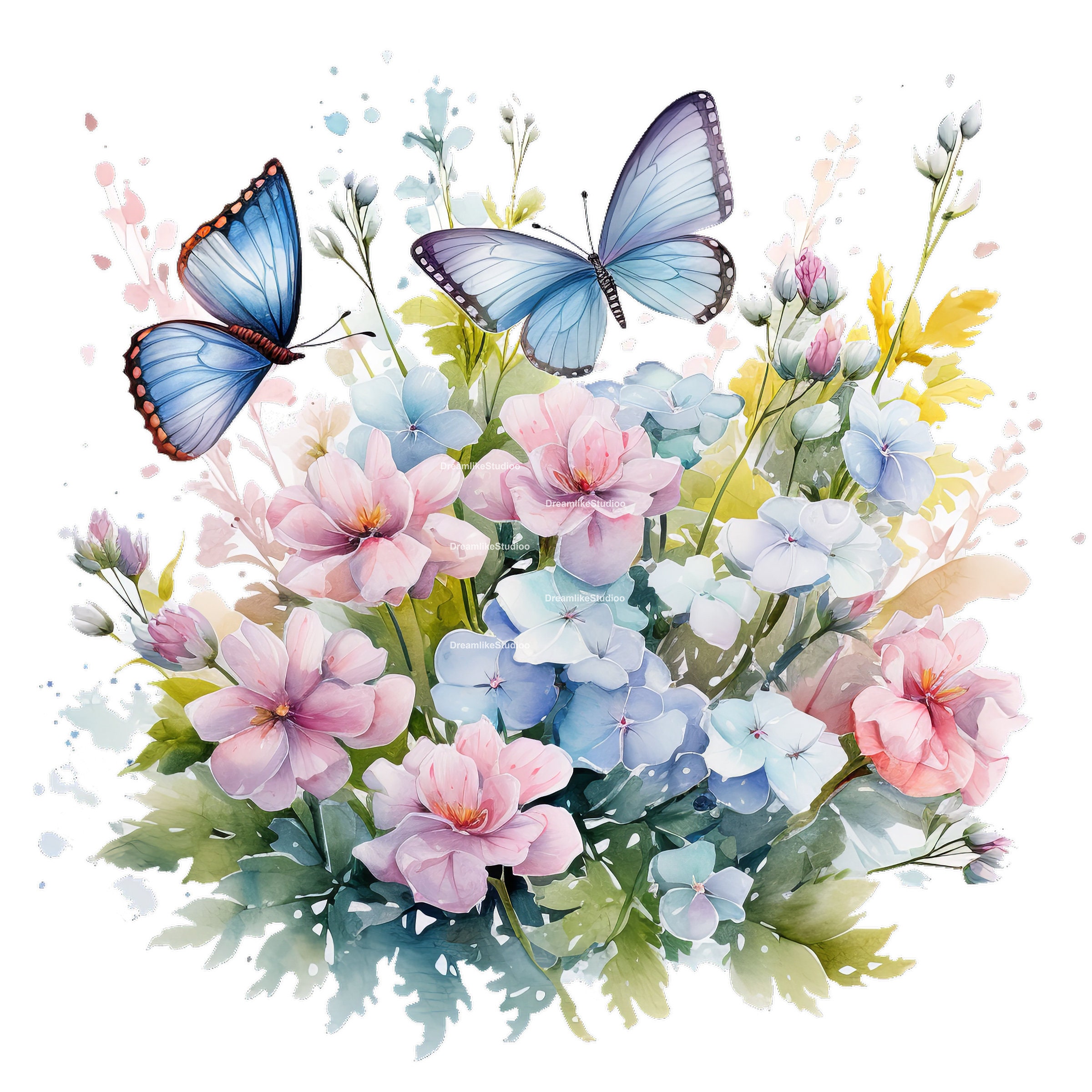 Watercolor Butterflies and Flowers Clipart, Commercial Use Clipart ...
