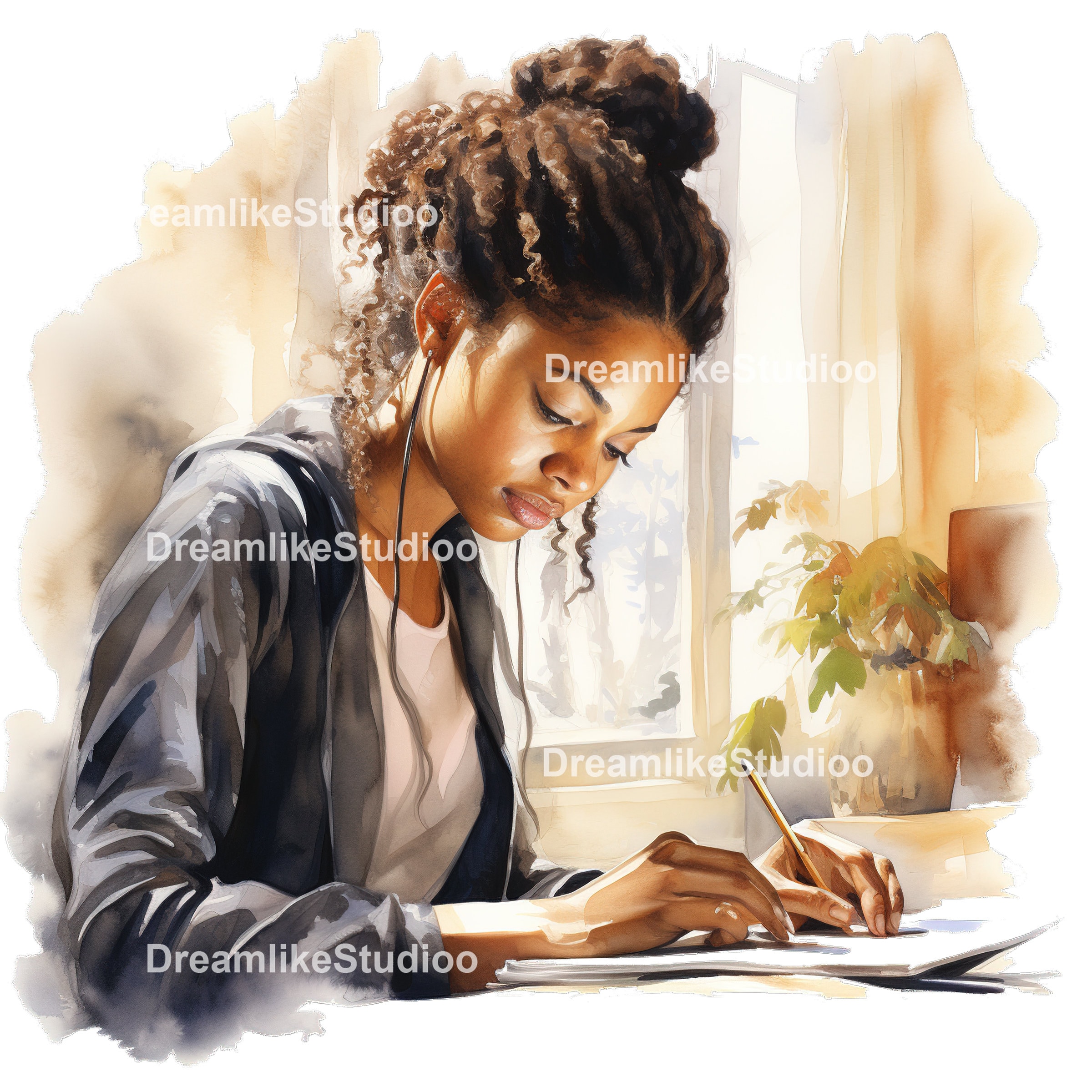 Writing Clipart, Watercolor Woman Working in Office PNG Commercial Use ...