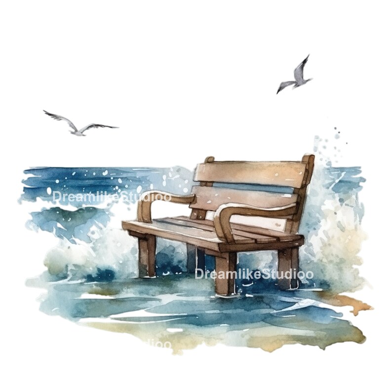 Watercolor Ocean Bench Clipart, Seaside Commercial Use Clipart ...