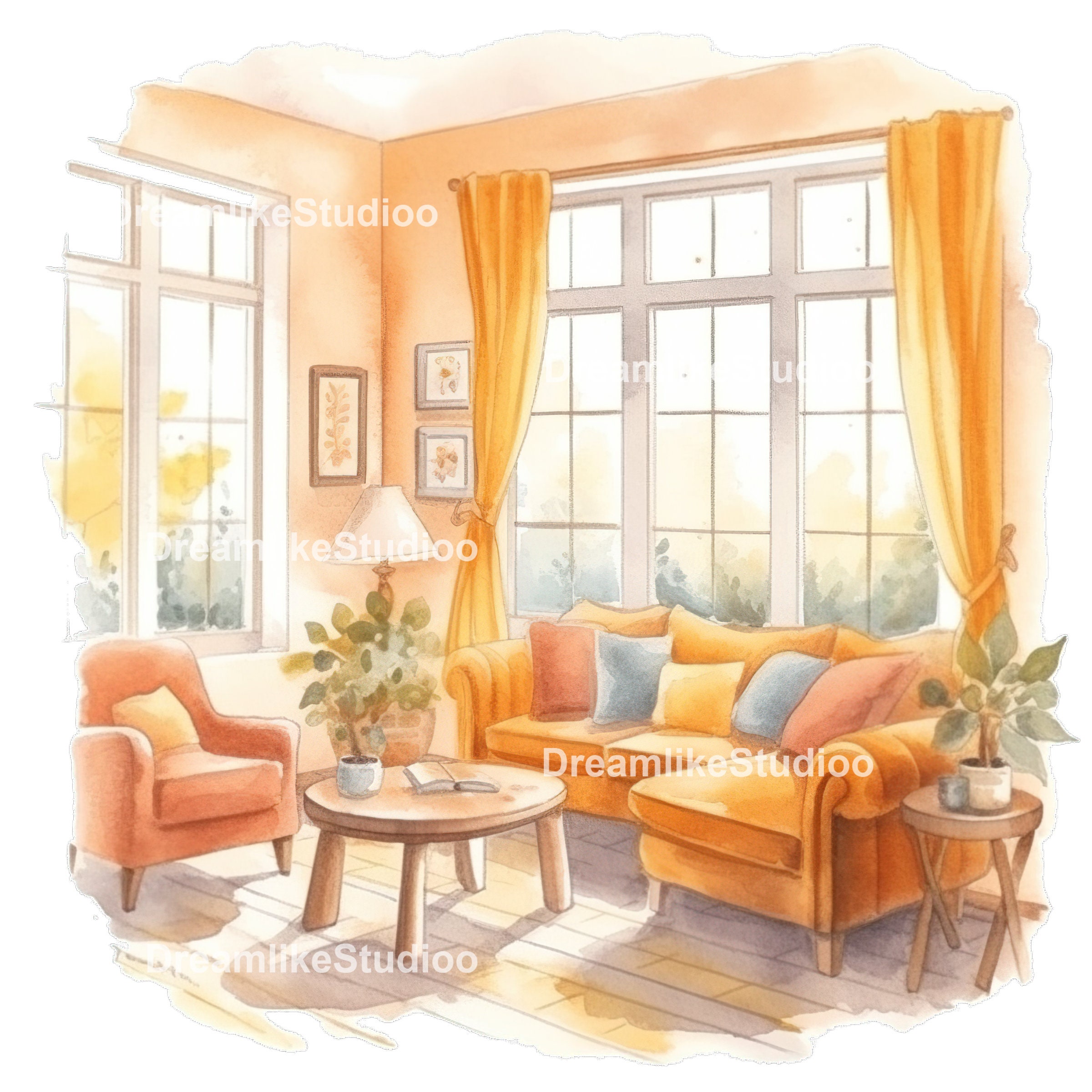 Watercolor Living Room Clipart Sunny Living Room PNG - Etsy