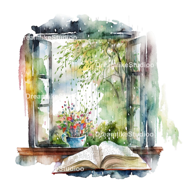 Watercolor Rainy Day Clipart, Rainy Window Commercial Use Clipart ...
