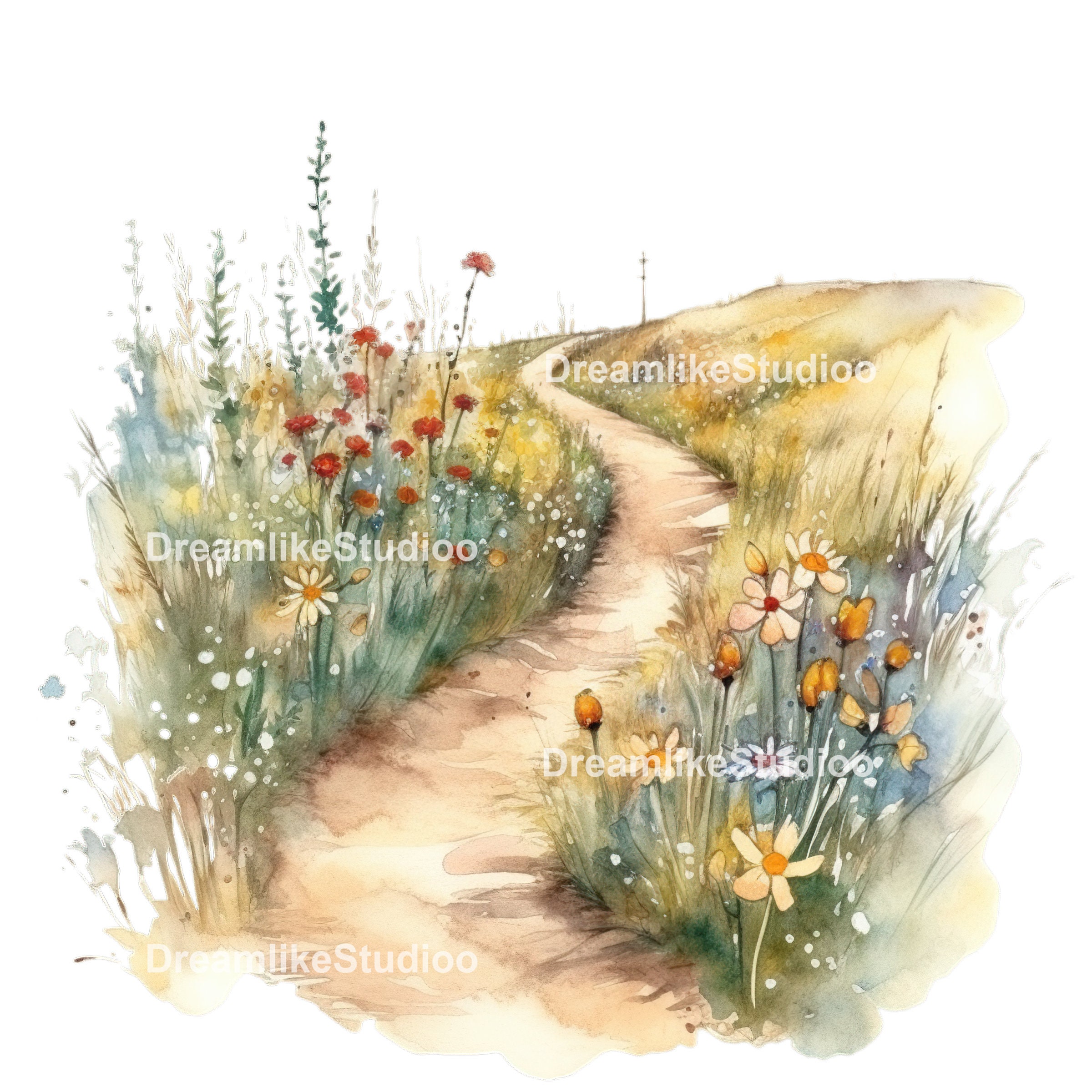 Watercolor Meadow Trail Clipart, Commercial Use Watercolor Flower Trail ...