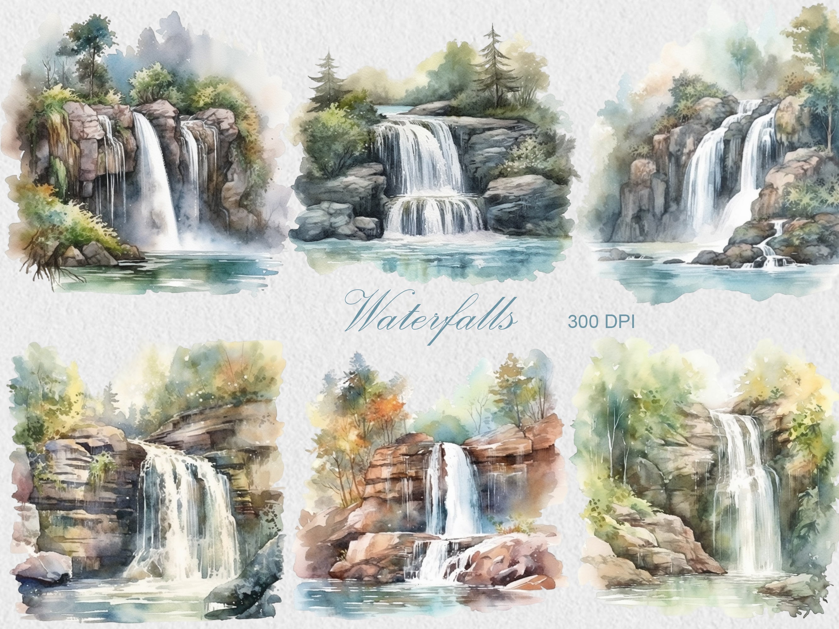 Watercolor Waterfall Clipart Bundle, Commercial Use Landscape Clipart ...