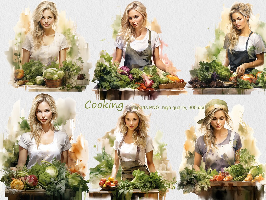 Cooking Clipart, Watercolor Woman Working in Kitchen PNG Commercial Use ...