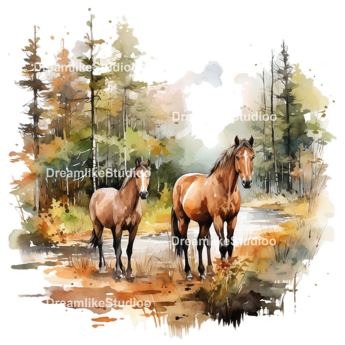Watercolor Horse Clipart Wild Horses in the Forest Clipart - Etsy