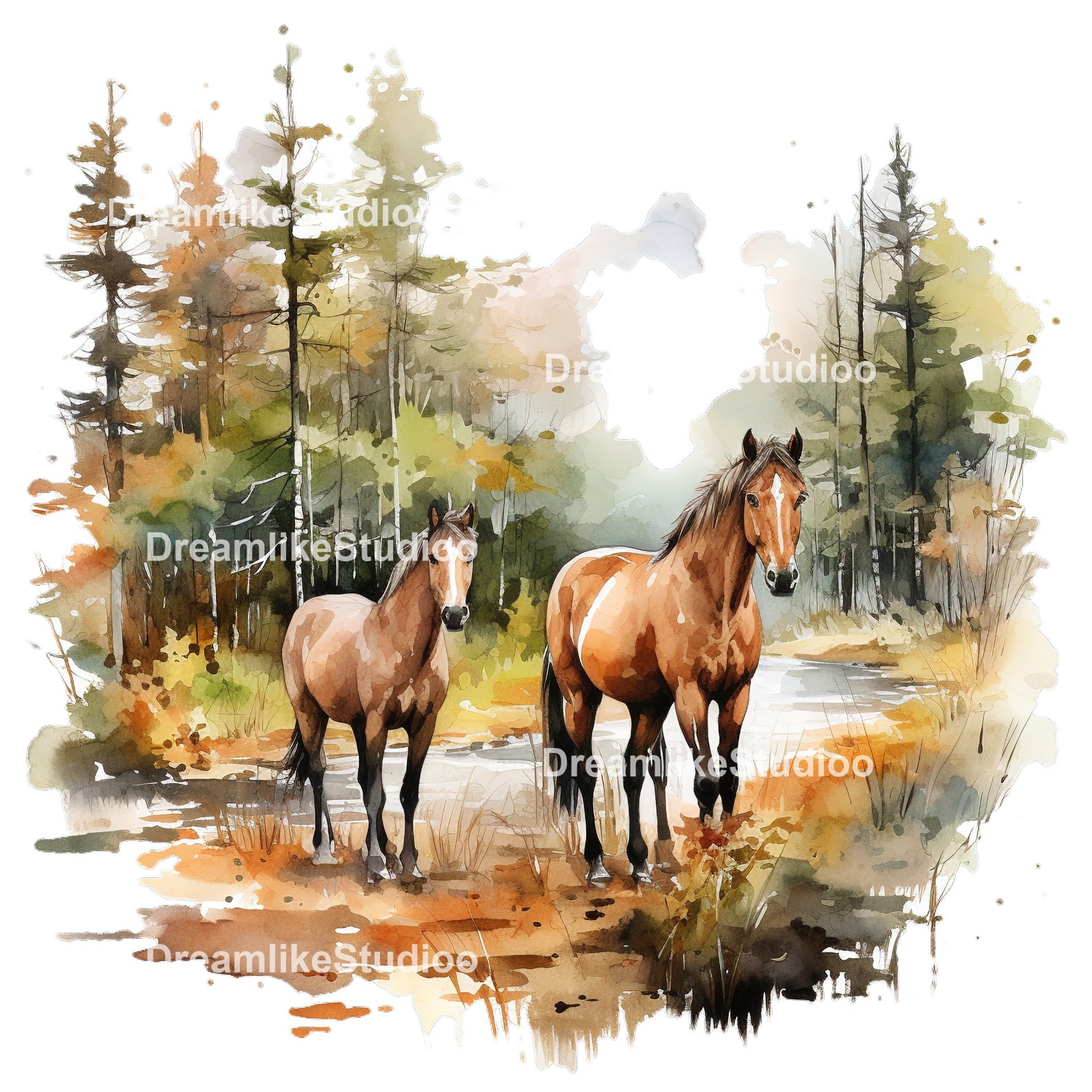 Watercolor Horse Clipart Wild Horses in the Forest Clipart - Etsy