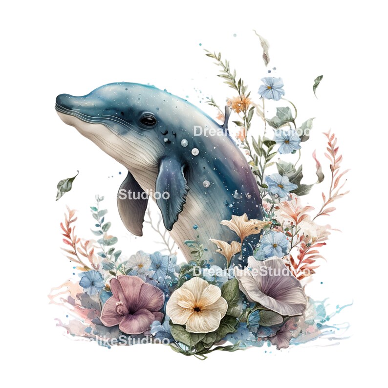 Floral Dolphin Clipart, Commercial Use Watercolor Dolphin PNG Digital ...