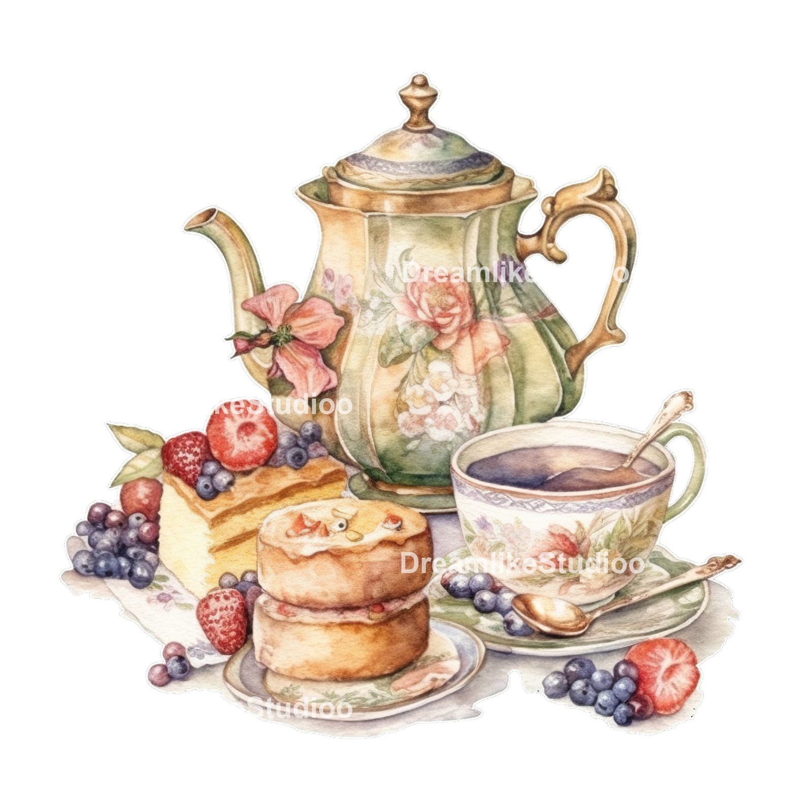 Watercolor Tea Party Clipart, Commercial Use Clipart, Dessert Clipart ...