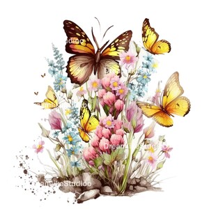 Watercolor Butterflies and Flowers Clipart, Commercial Use Clipart ...