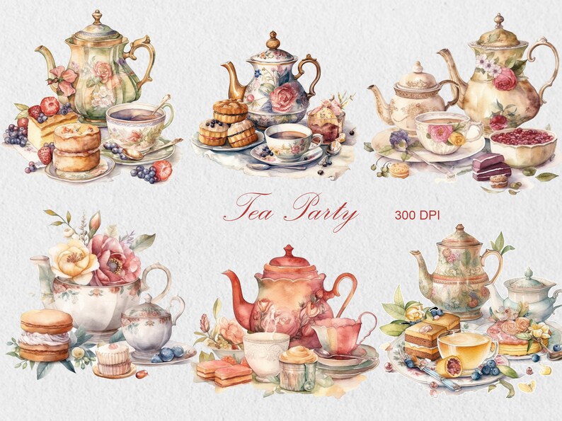 Watercolor Tea Party Clipart, Commercial Use Clipart, Dessert Clipart ...