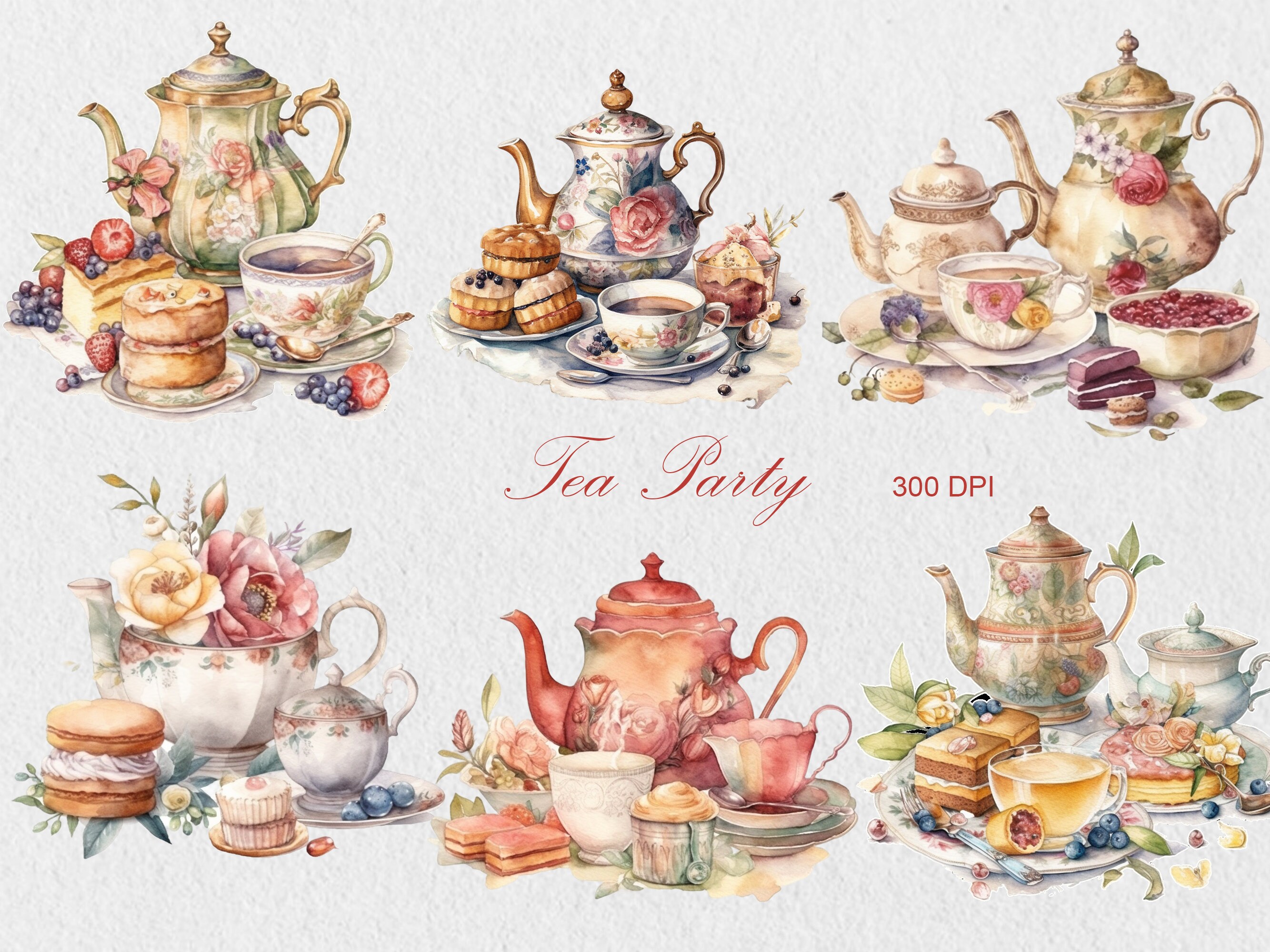 Watercolor Tea Party Clipart, Commercial Use Clipart, Dessert Clipart ...