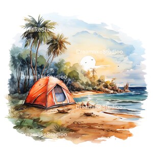 Watercolor Beach Camping Clipart, Commercial Use Beach Scene Clipart ...