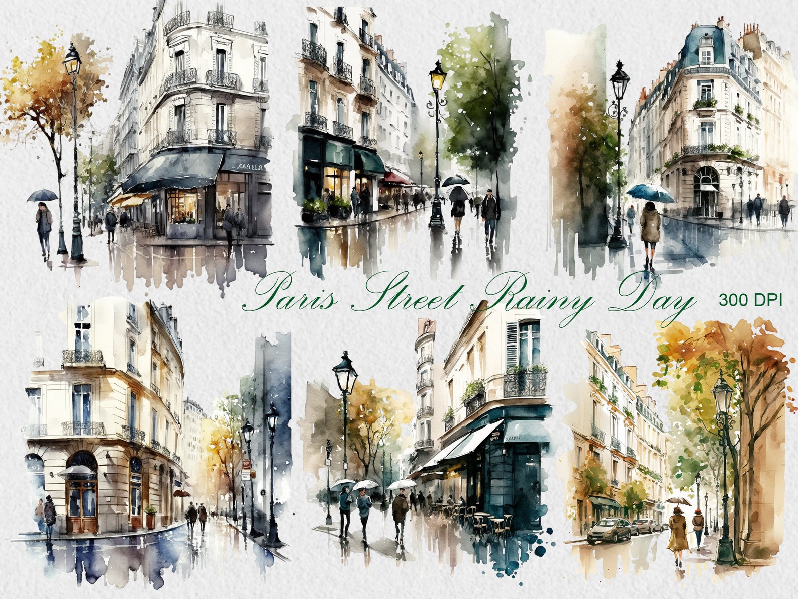 Watercolor Paris Rainy Day Clipart, Cute Watercolor Paris Scenes PNG ...
