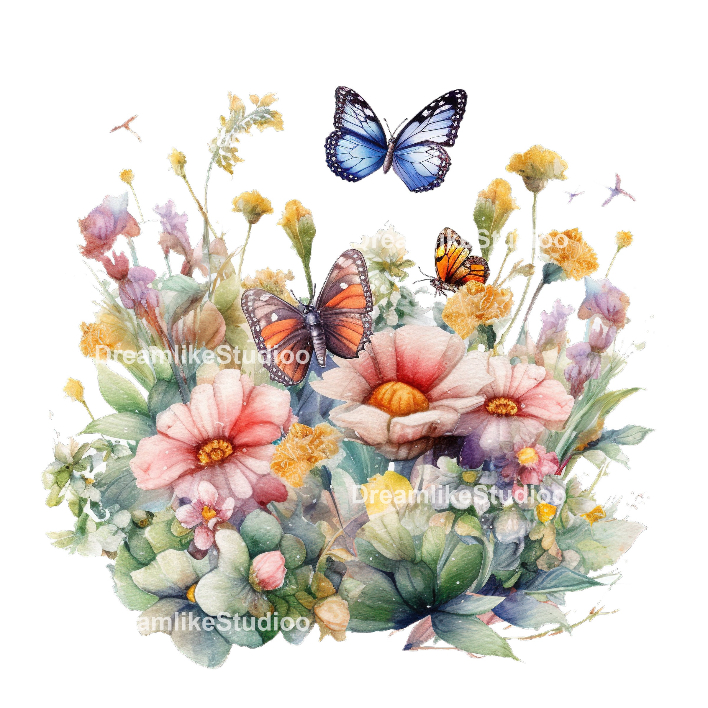 Watercolor Floral Butterflies Clipart, Commercial Use Clipart, Flowers ...