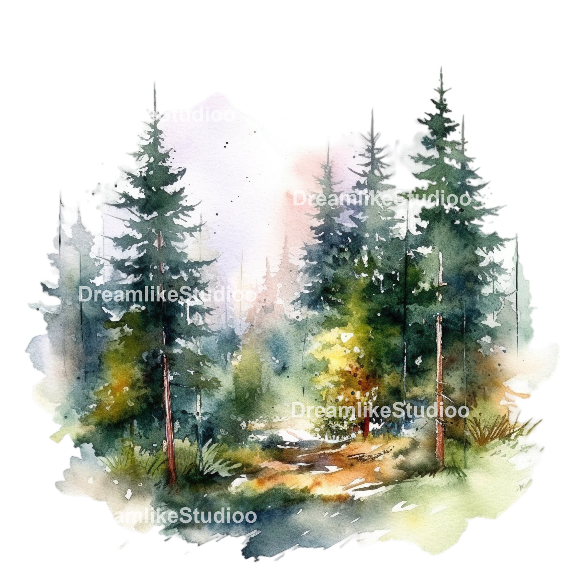 Watercolor Forest Clipart, Commercial Use Foggy Forest PNG, Coniferous ...